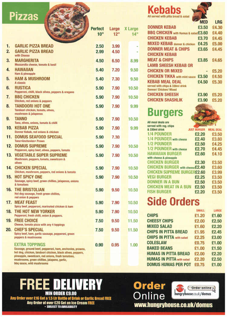 Domus Pizza Burger takeaway on Whiteladies Road, Bristol - Everymenu
