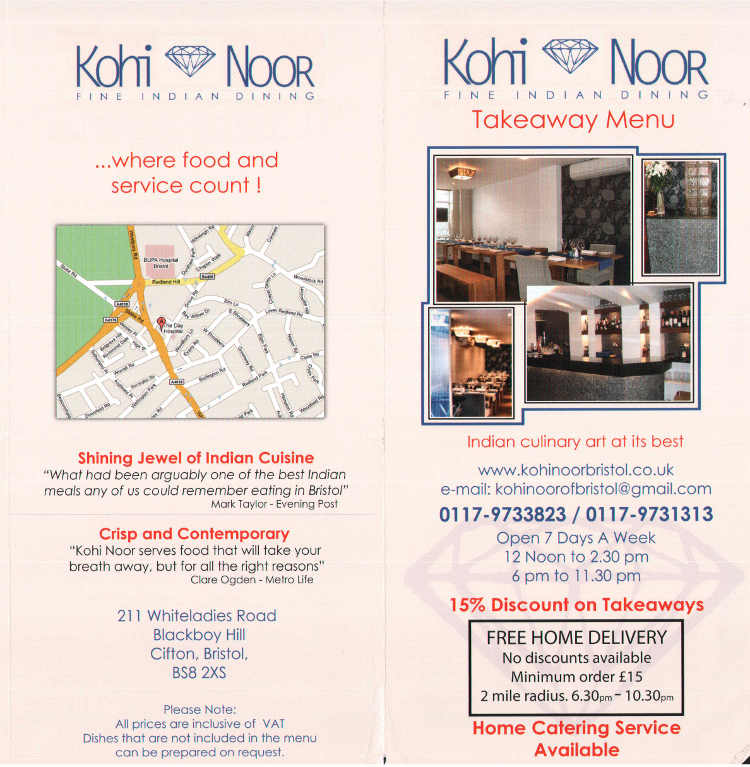 Kohi Noor Indian restaurant on Whiteladies Road, Bristol - Everymenu