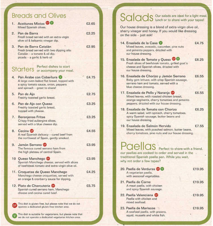 La Tasca Spanish restaurant on Cabot Circus, Bristol - Everymenu